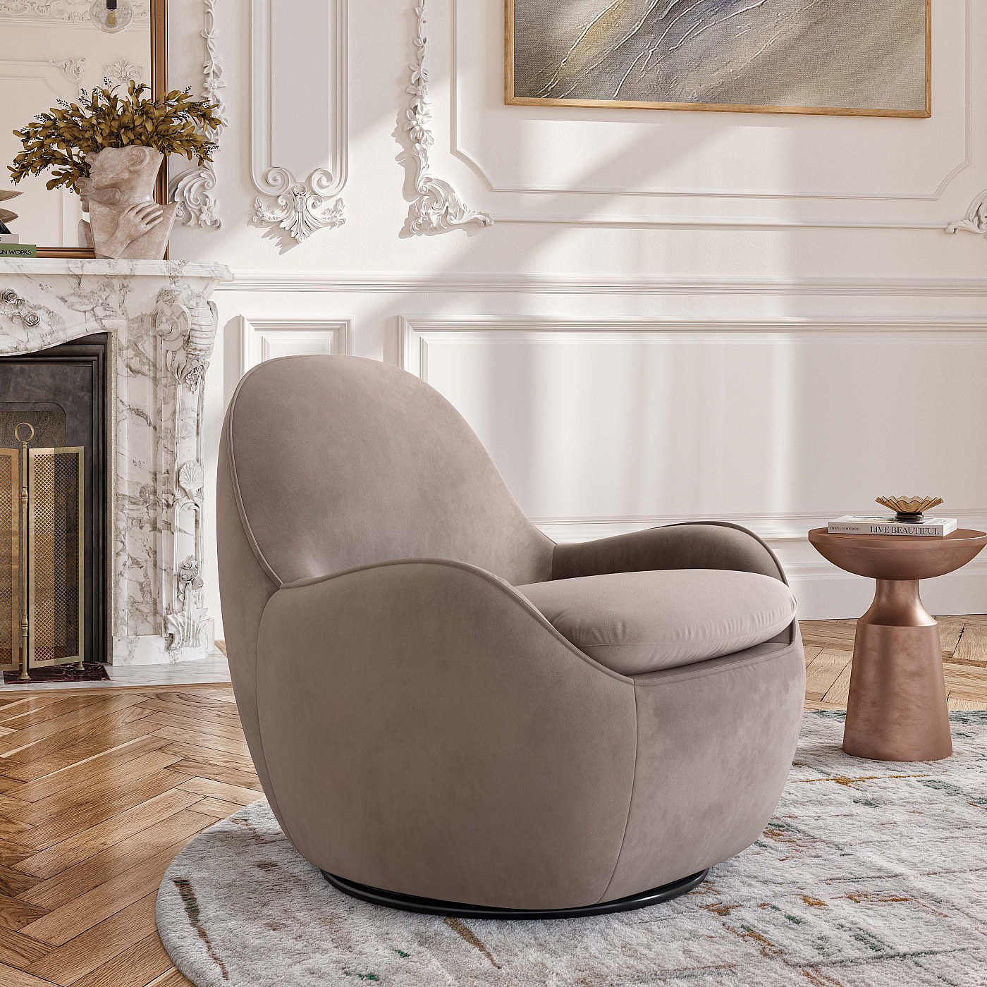 Boca - Fauteuil rond compact pivotant en velours - Taupe