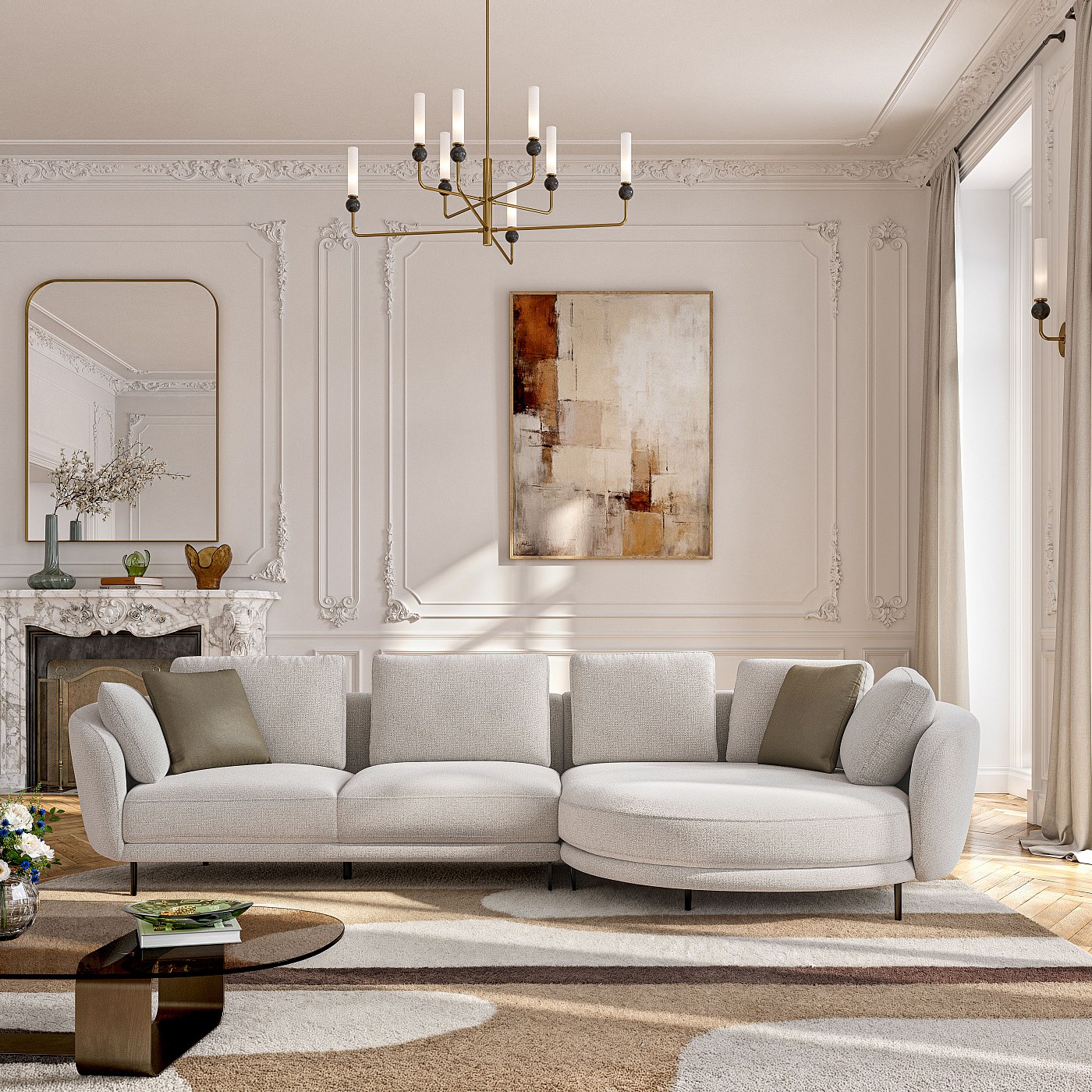 Velia - Canapé d'angle droit déhoussable en tissu - Écru mélangé ...