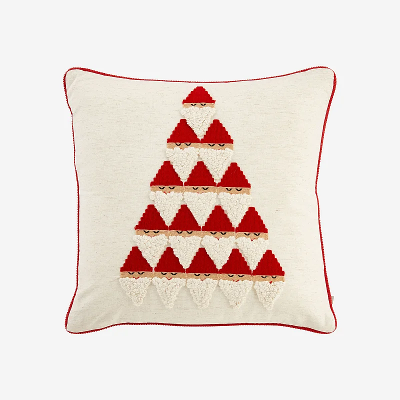 Santa - Cojín de lino y algodón - 45 x 45 cm - Rojo y Crudo con estampados
